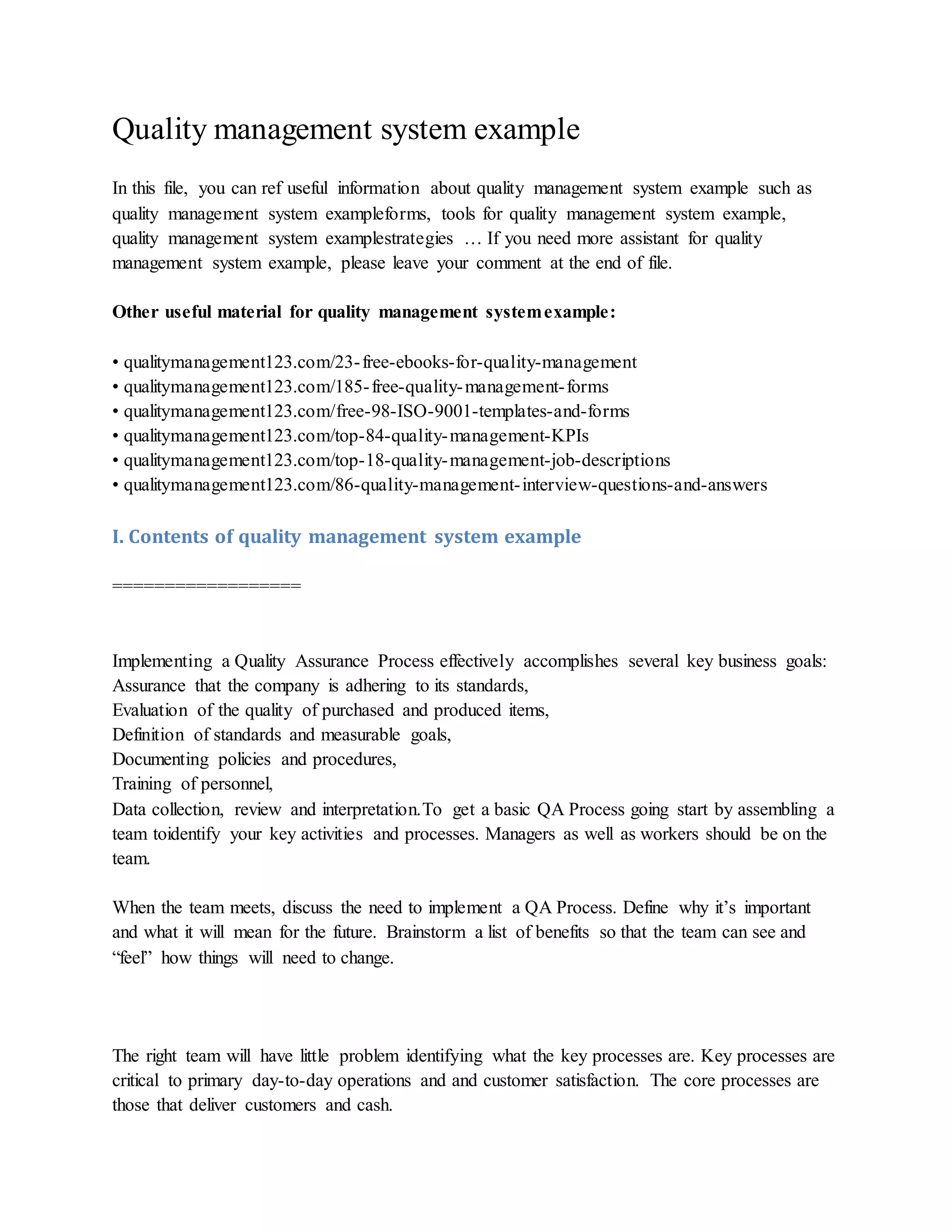 Quality management system example | DOCX | Business | Business and Finance