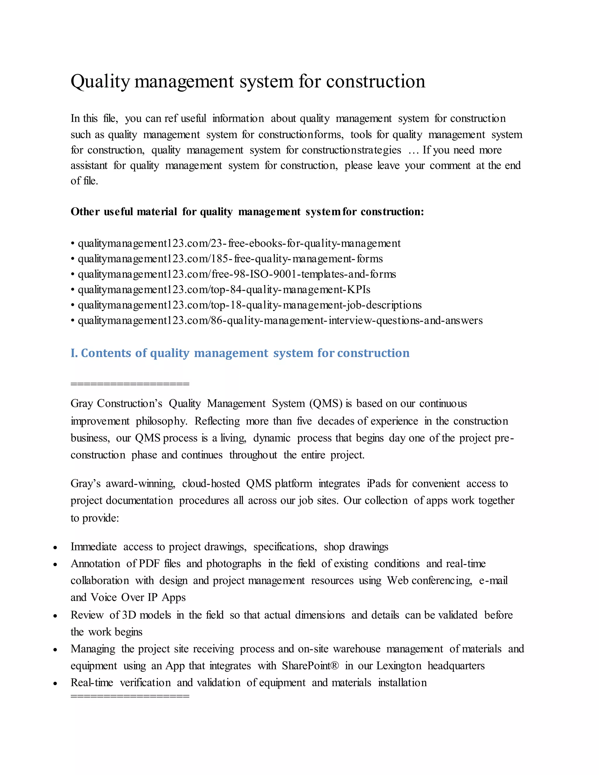 Quality management system for construction | DOCX | Physics | Science