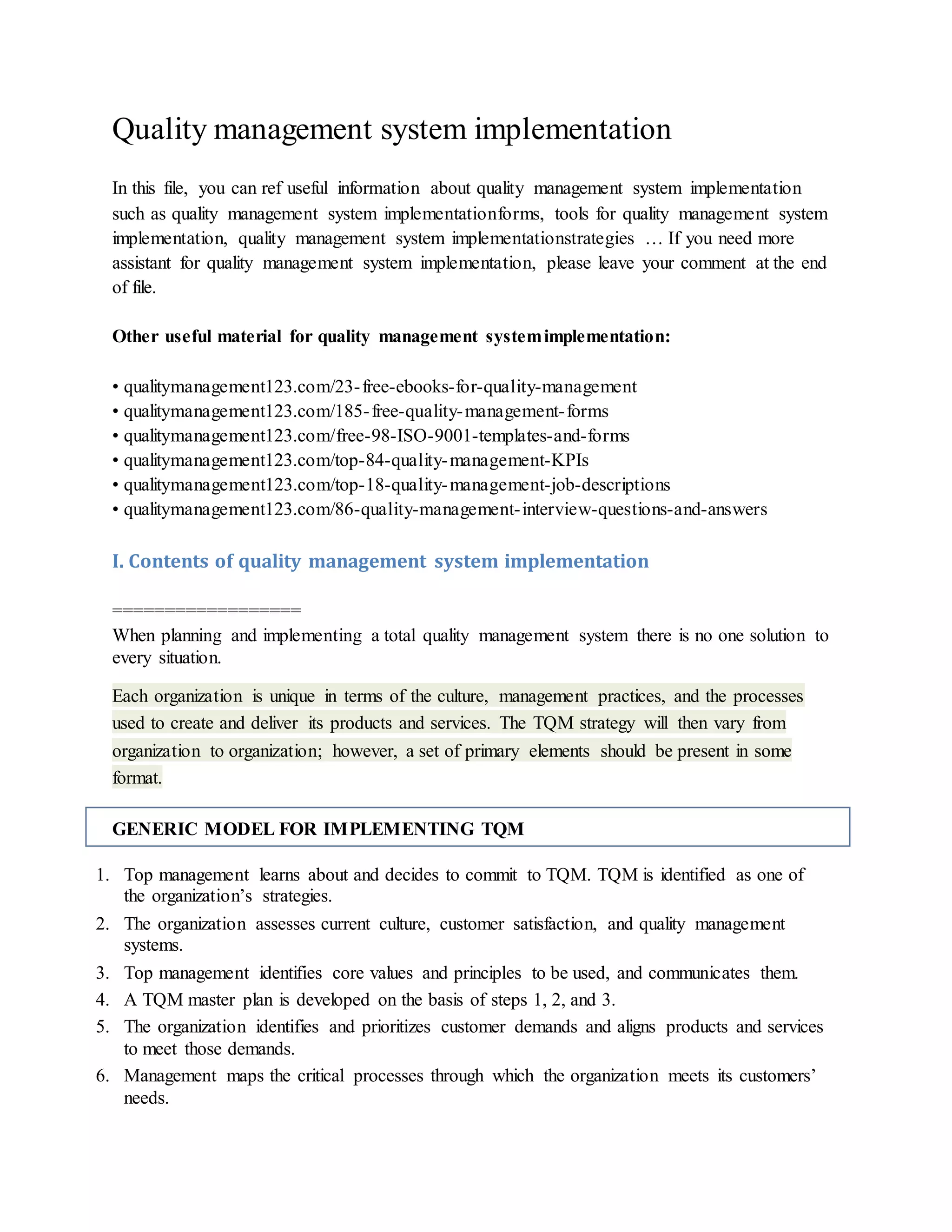 Quality management system implementation | PDF