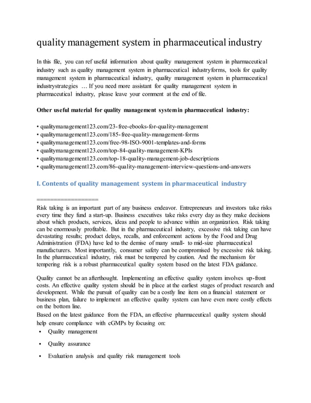 Quality management system in pharmaceutical industry | DOCX ...