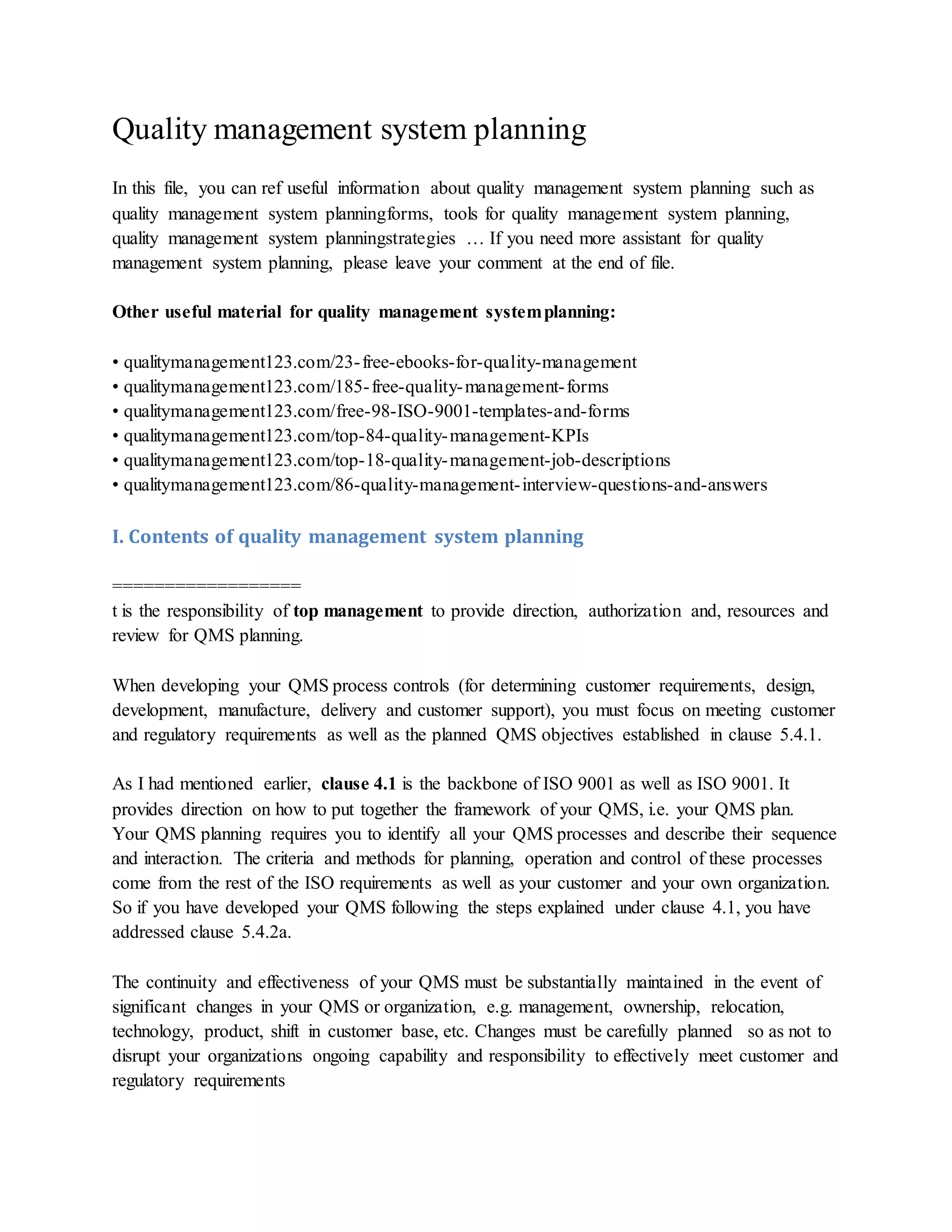 Quality management system planning | DOCX