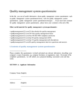 Quality management system questionnaire | DOCX