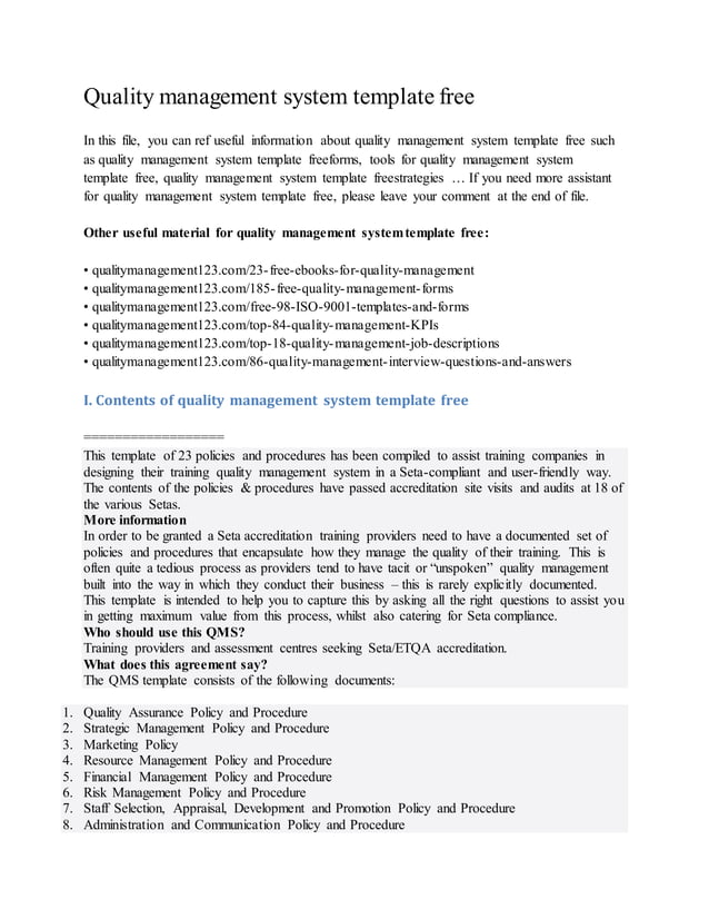 Quality management system template free | DOCX