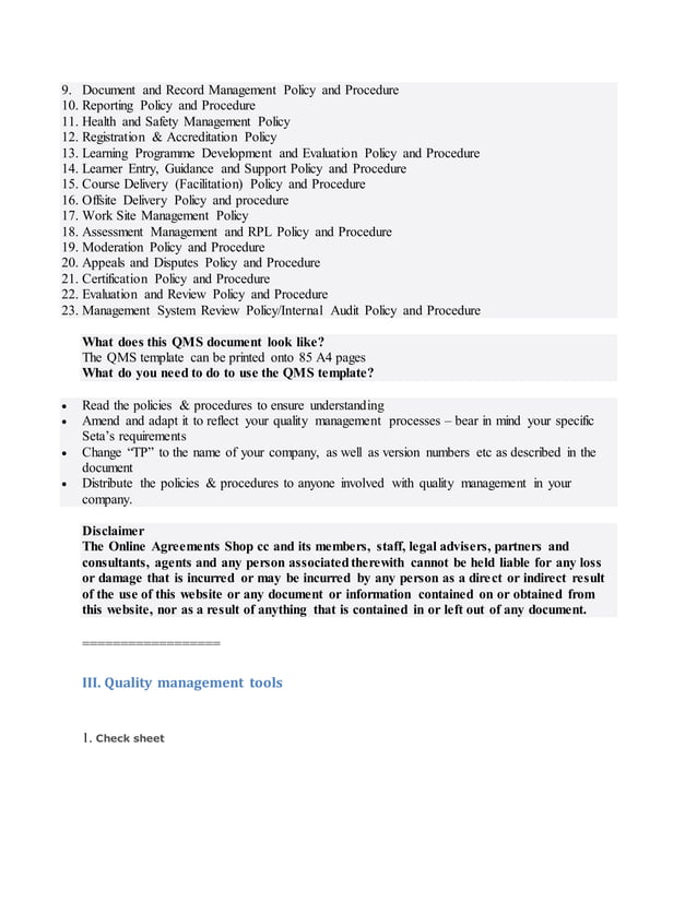 Quality management system template free