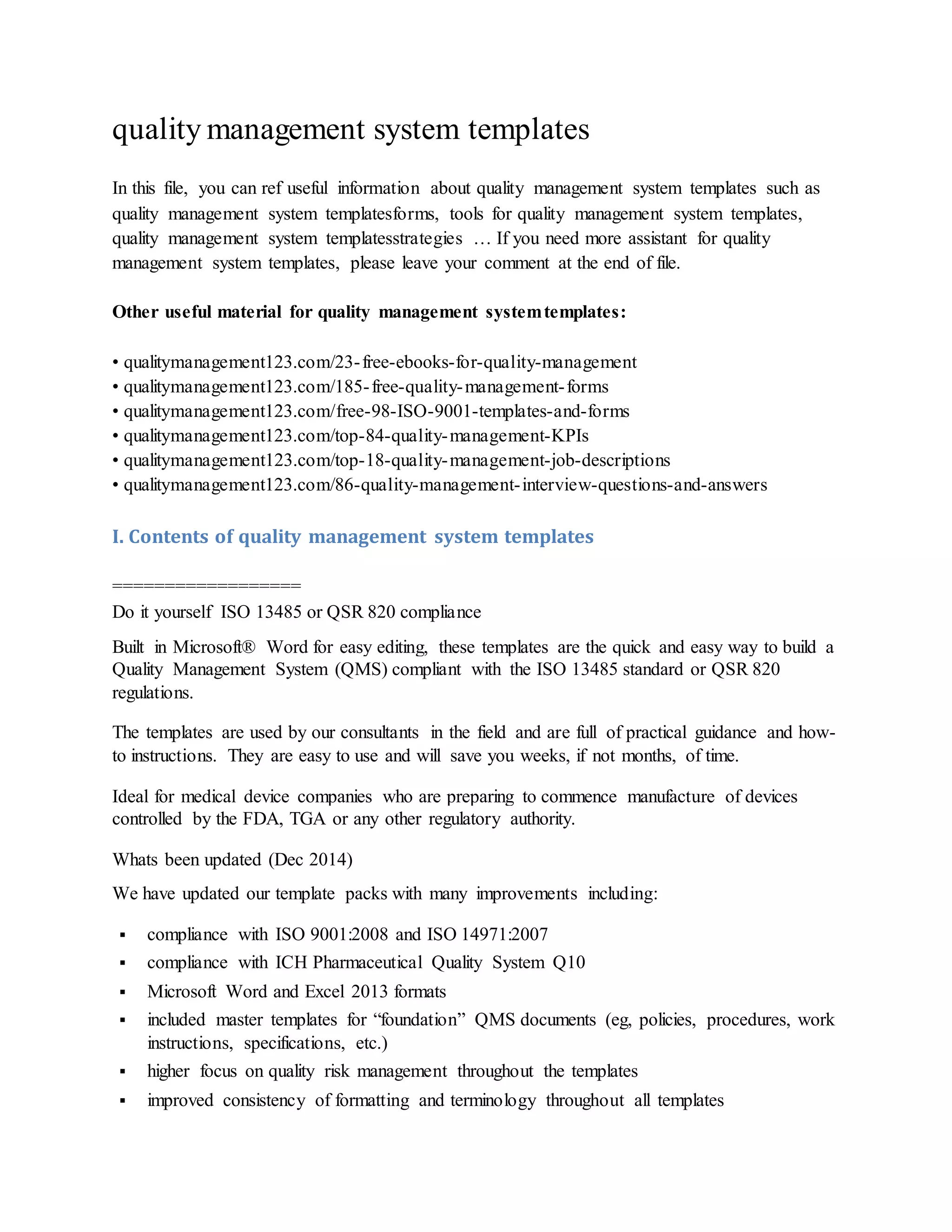 Quality management system templates | PDF