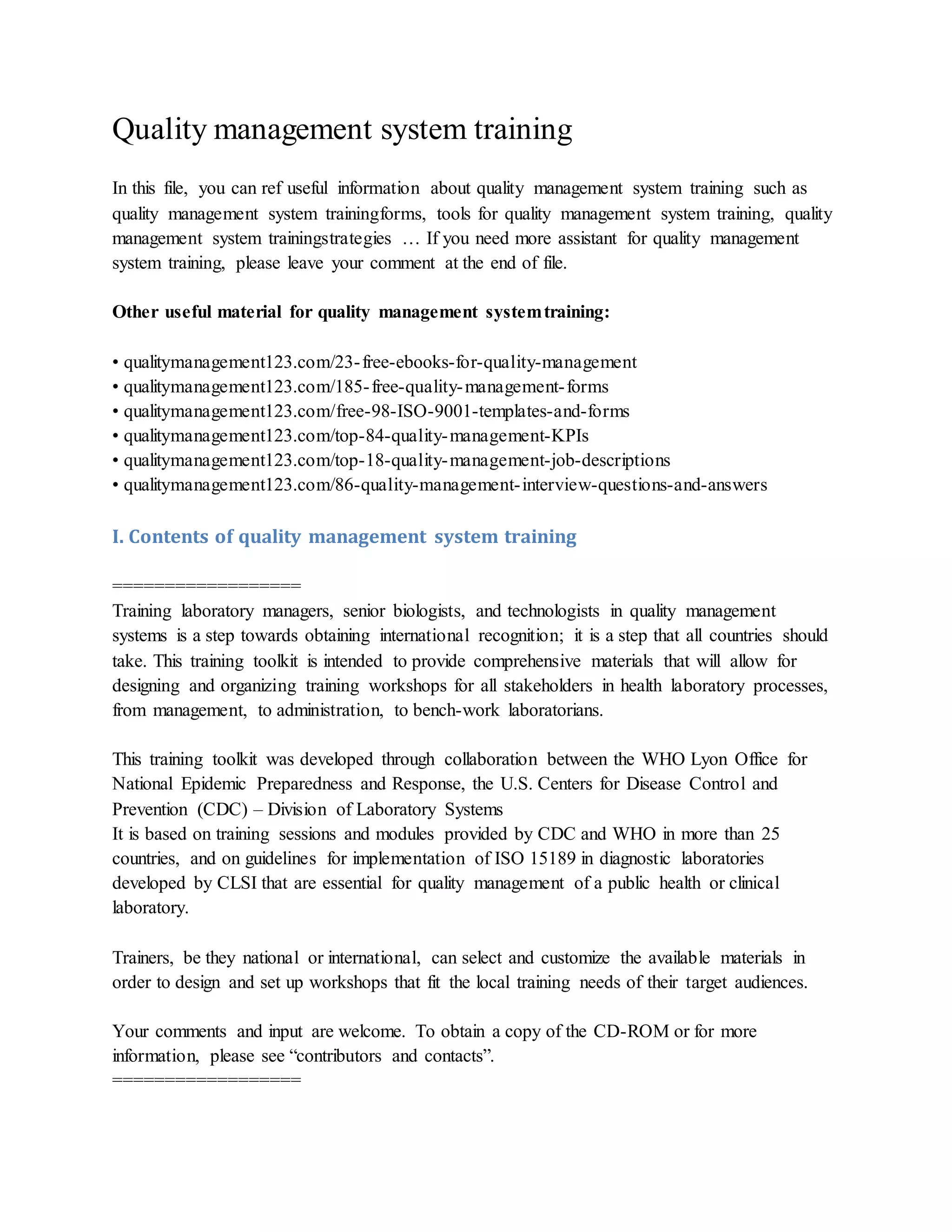 Quality management system training | DOCX | Science