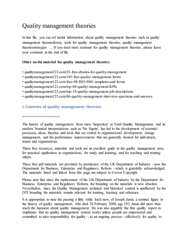 Quality management theories | DOCX | Mechanical and Industrial ...