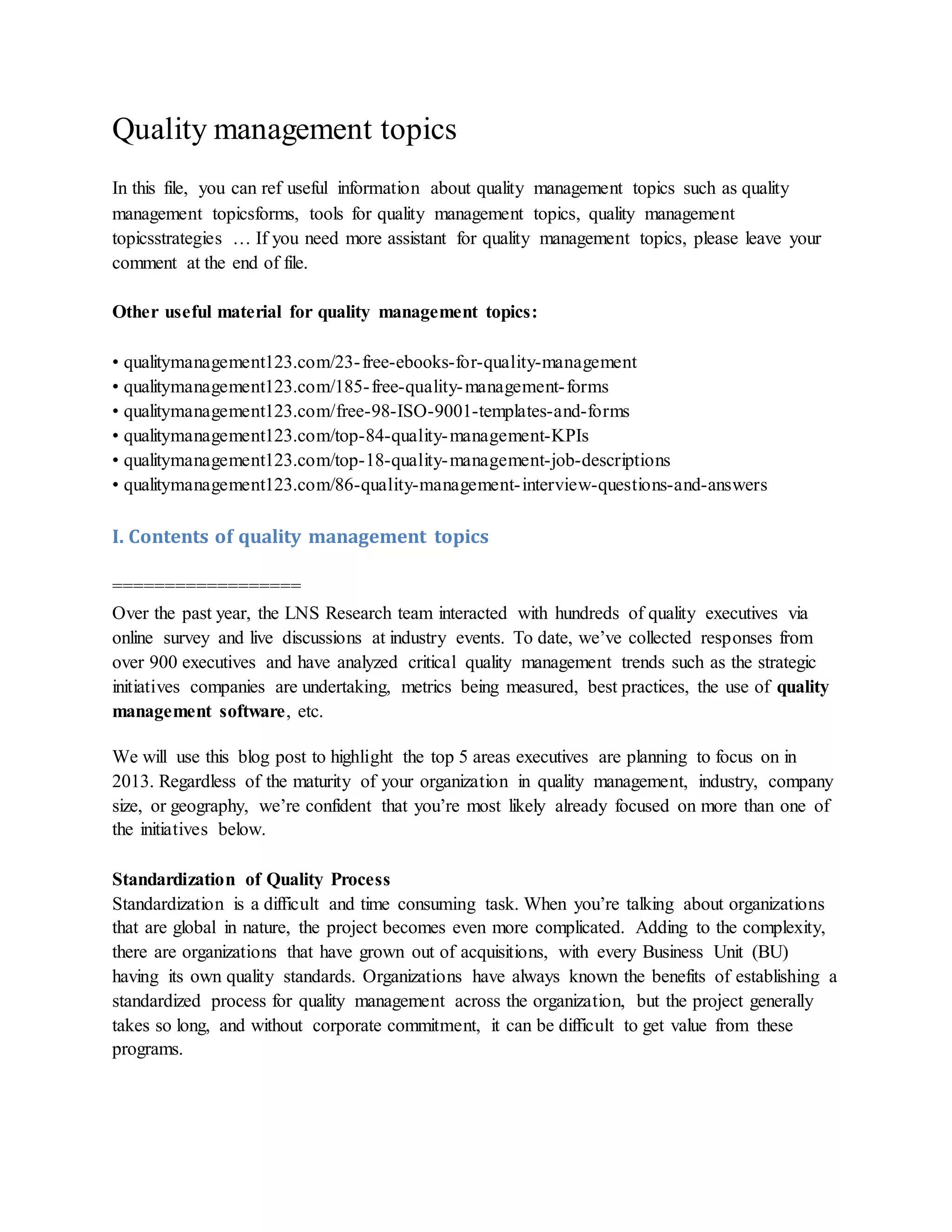 Quality management topics | DOCX