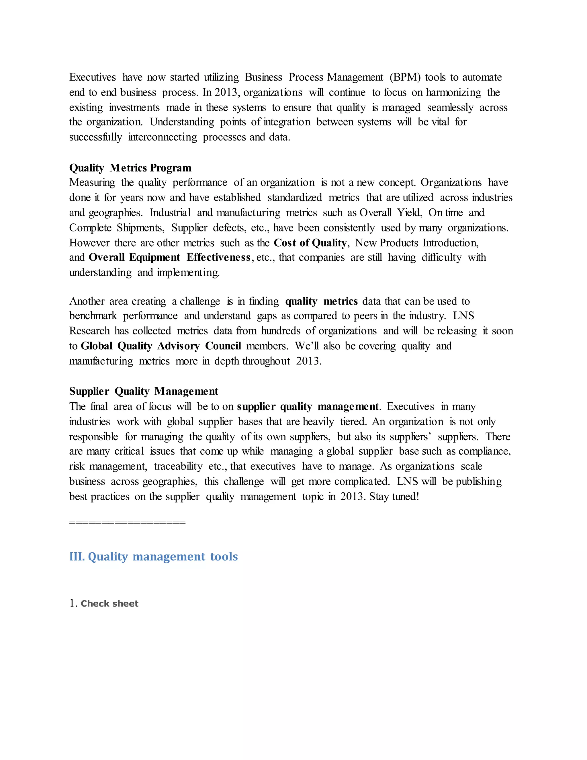 Quality management topics | DOCX