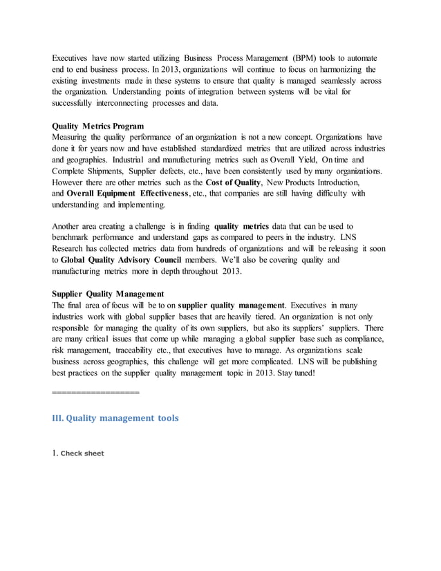 Quality management topics | DOCX | Business Utilities | Business