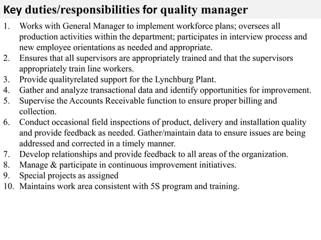 Quality manager job description | PPTX