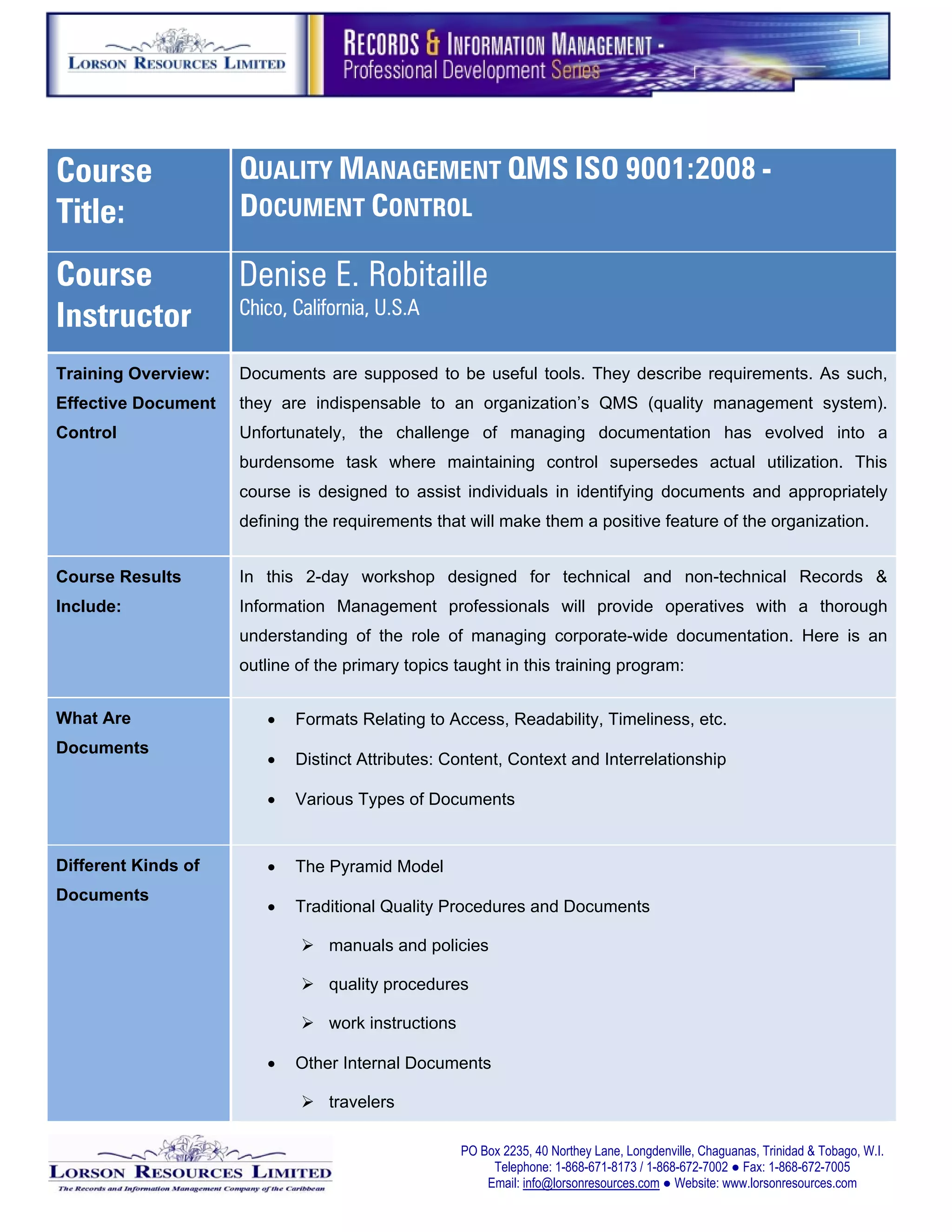 Course Outline - Quality Management QMS ISO 9001:2008 - Document Control | PDF