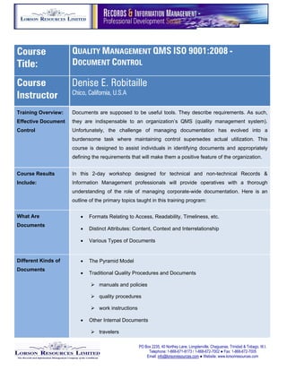 Course Outline - Quality Management QMS ISO 9001:2008 - Document ...