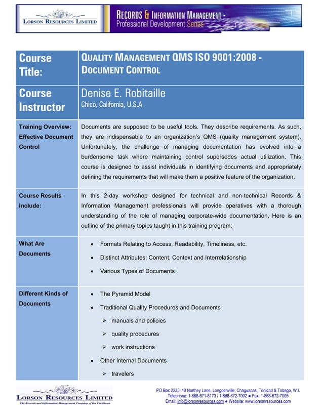 Course Outline - Quality Management QMS ISO 9001:2008 - Document Control | PDF