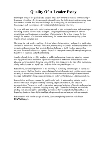 Quality Of A Leader Essay. The Qualities Which Enable a Manager to ...