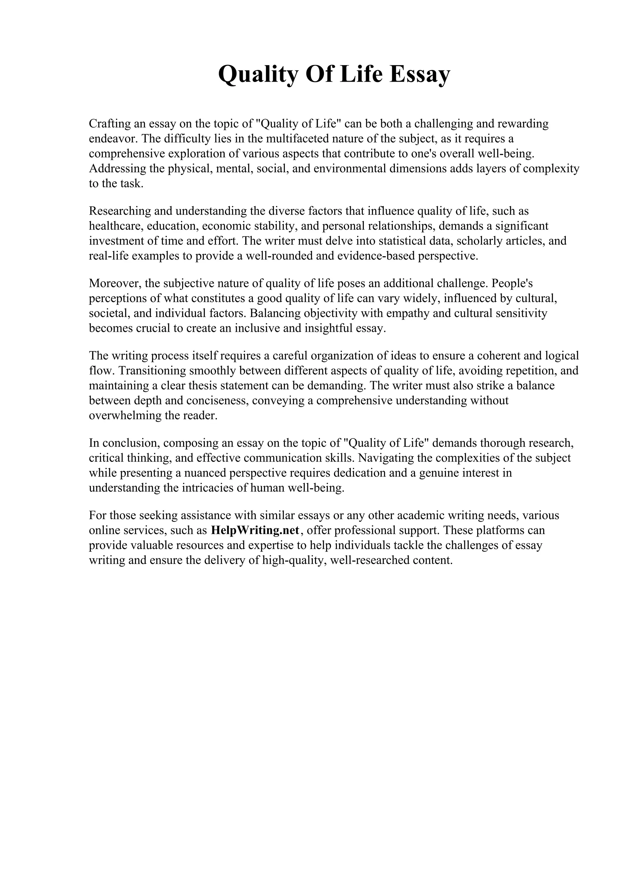 Quality Of Life Essay | PDF