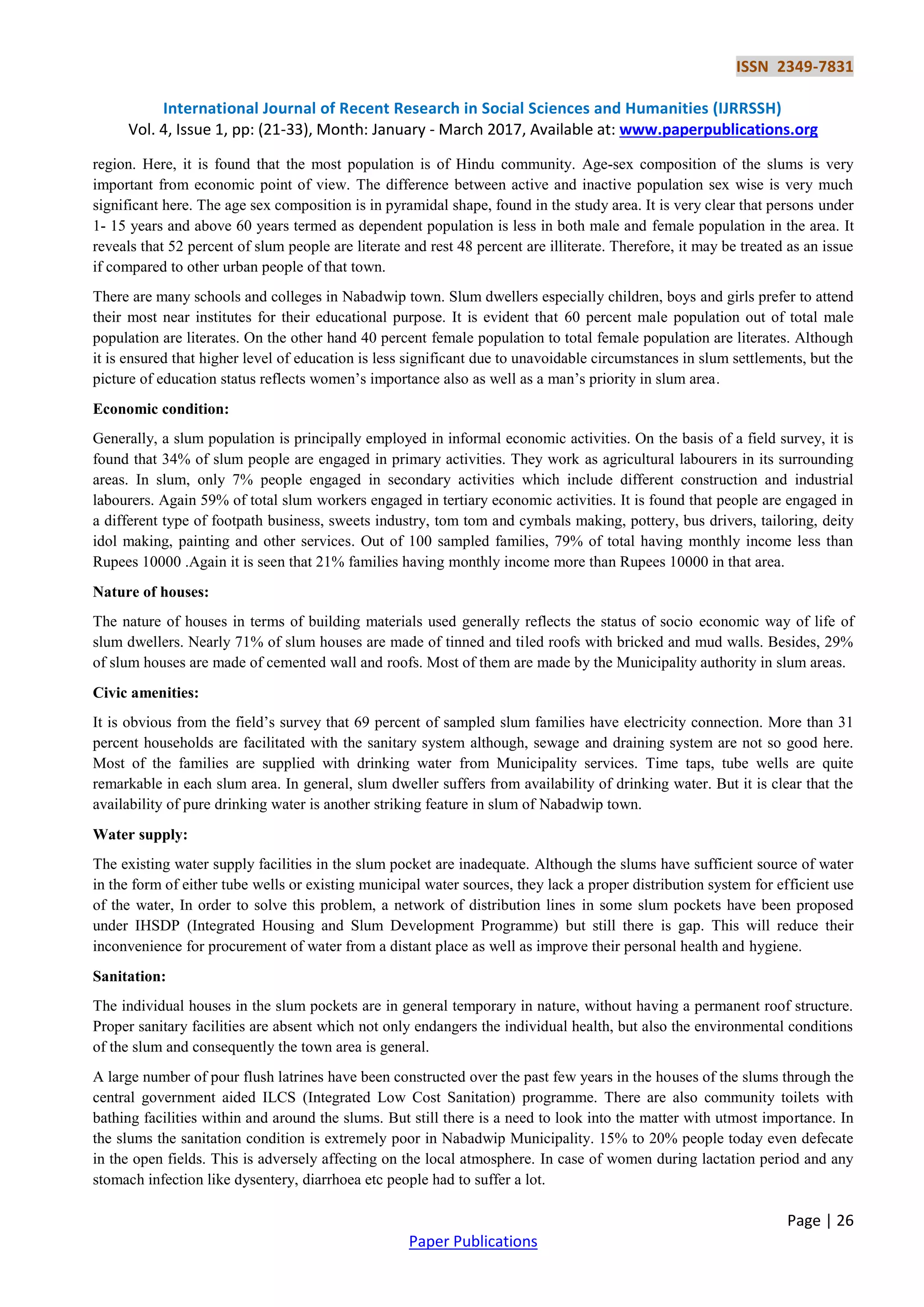 Quality of Life in Slums of Nabadwip Town: A Comparative Study | PDF