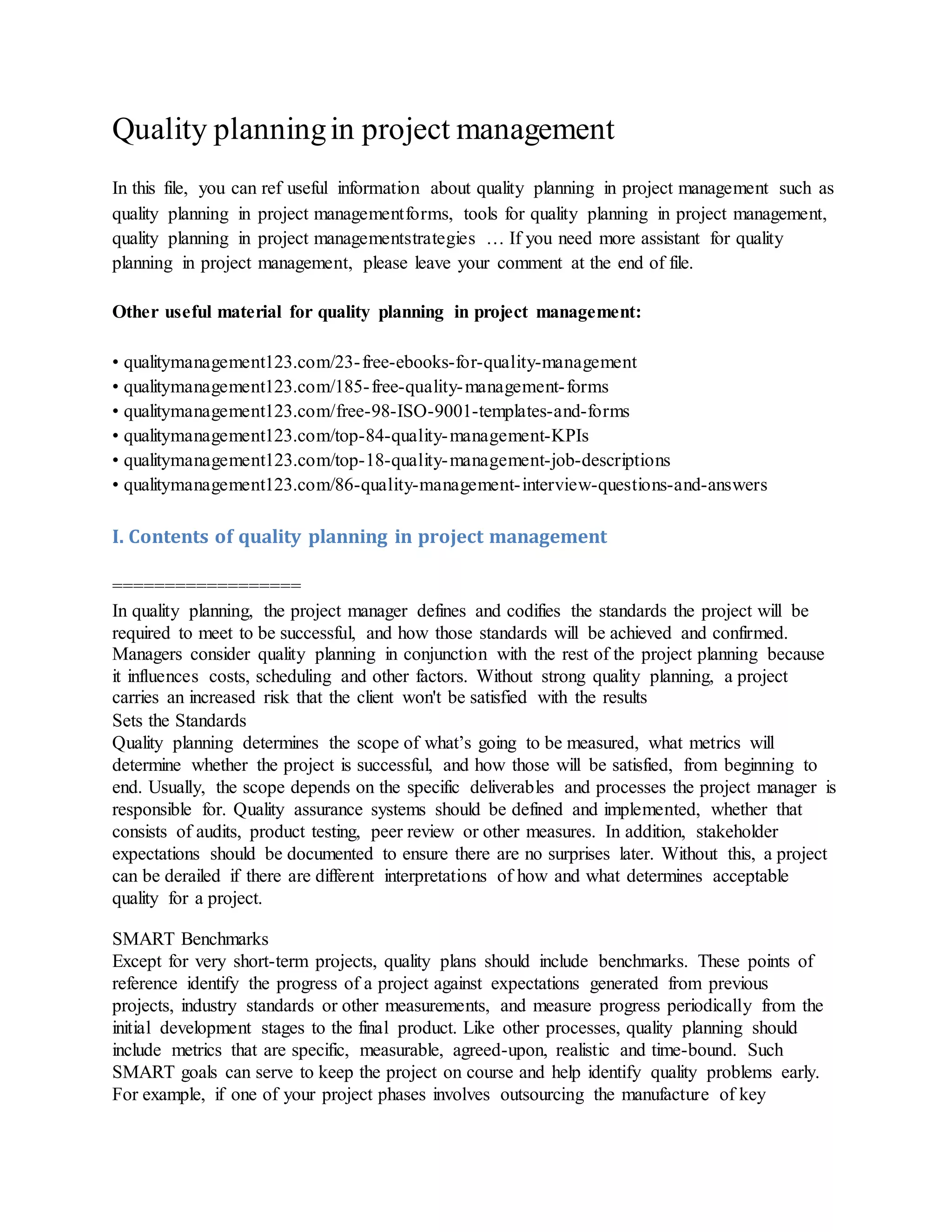 Quality planning in project management | DOCX