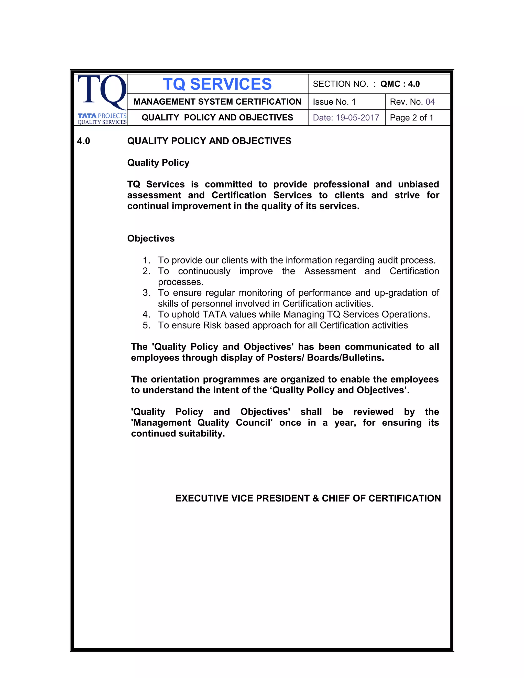 Quality policy and objectives | PDF