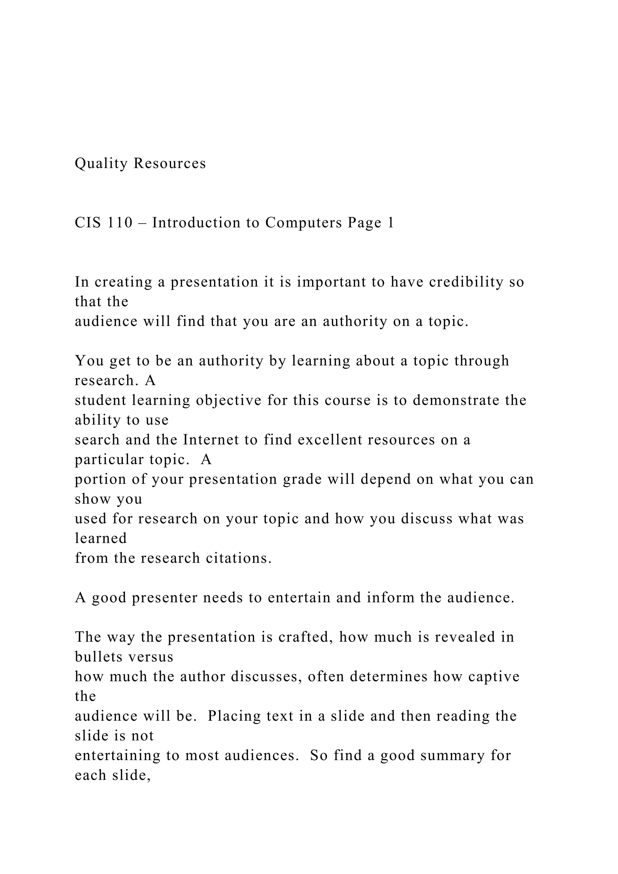 Quality Resources CIS 110 – Introduction to Computers Pa.docx