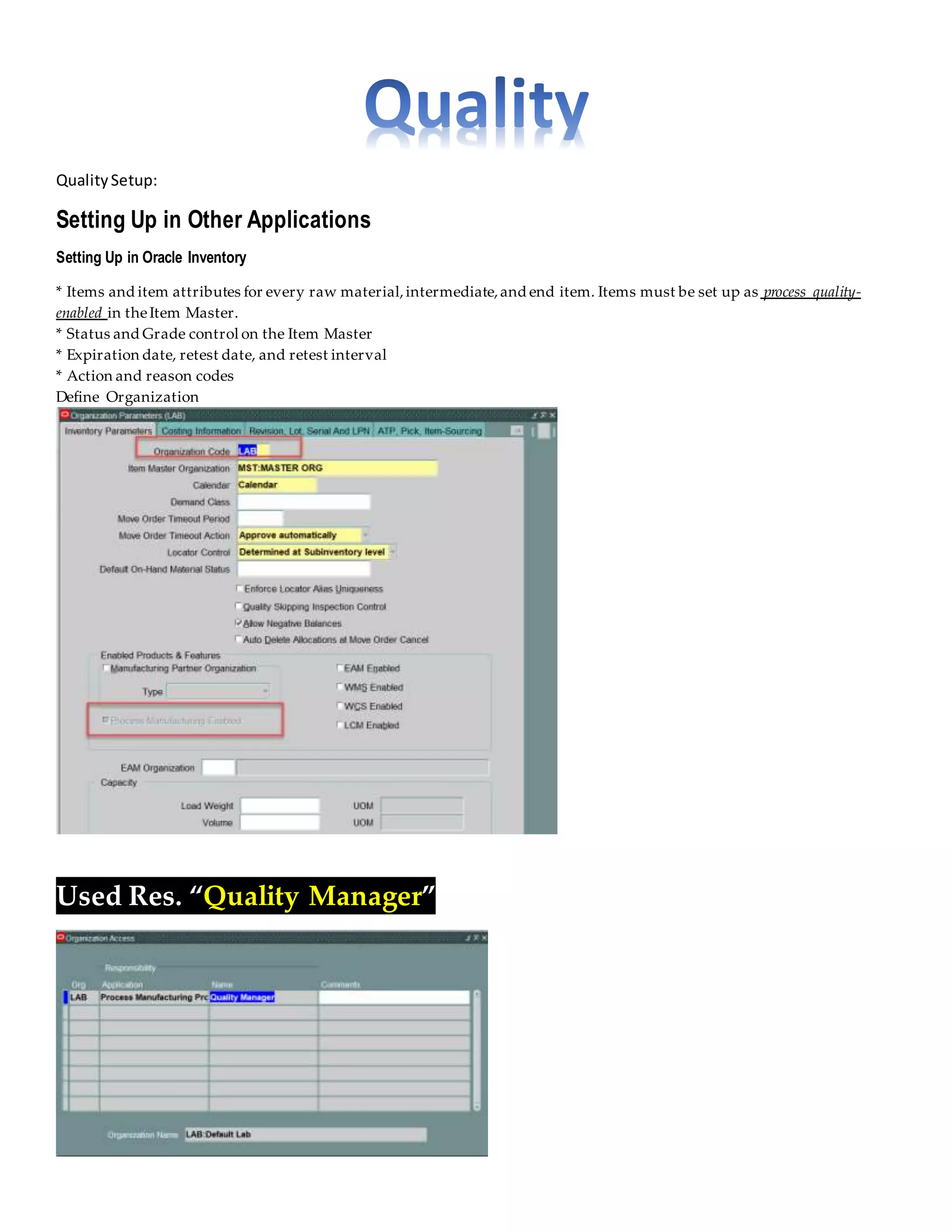 Oracle Quality setup | DOCX