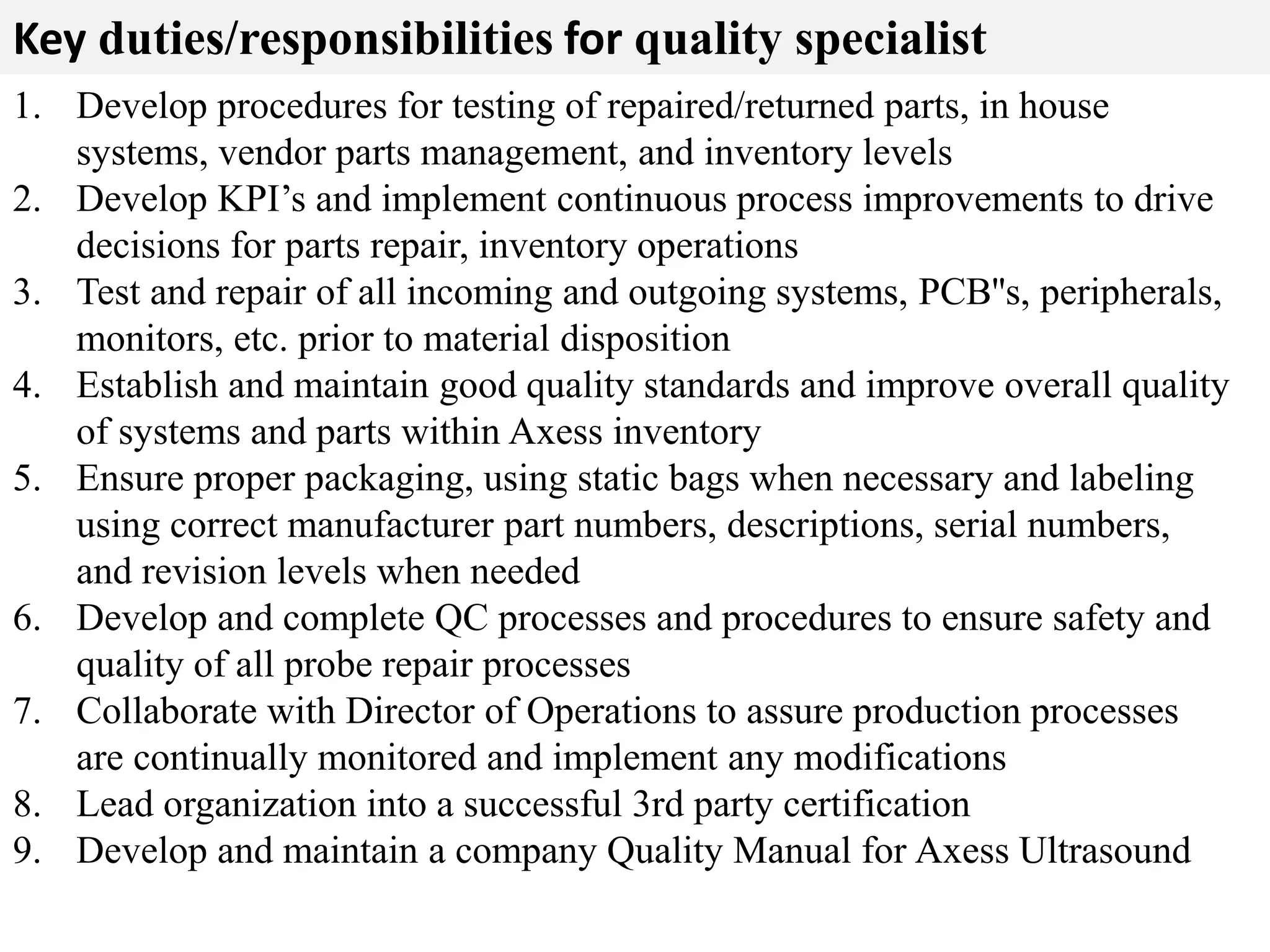 Quality specialist job description | PPT