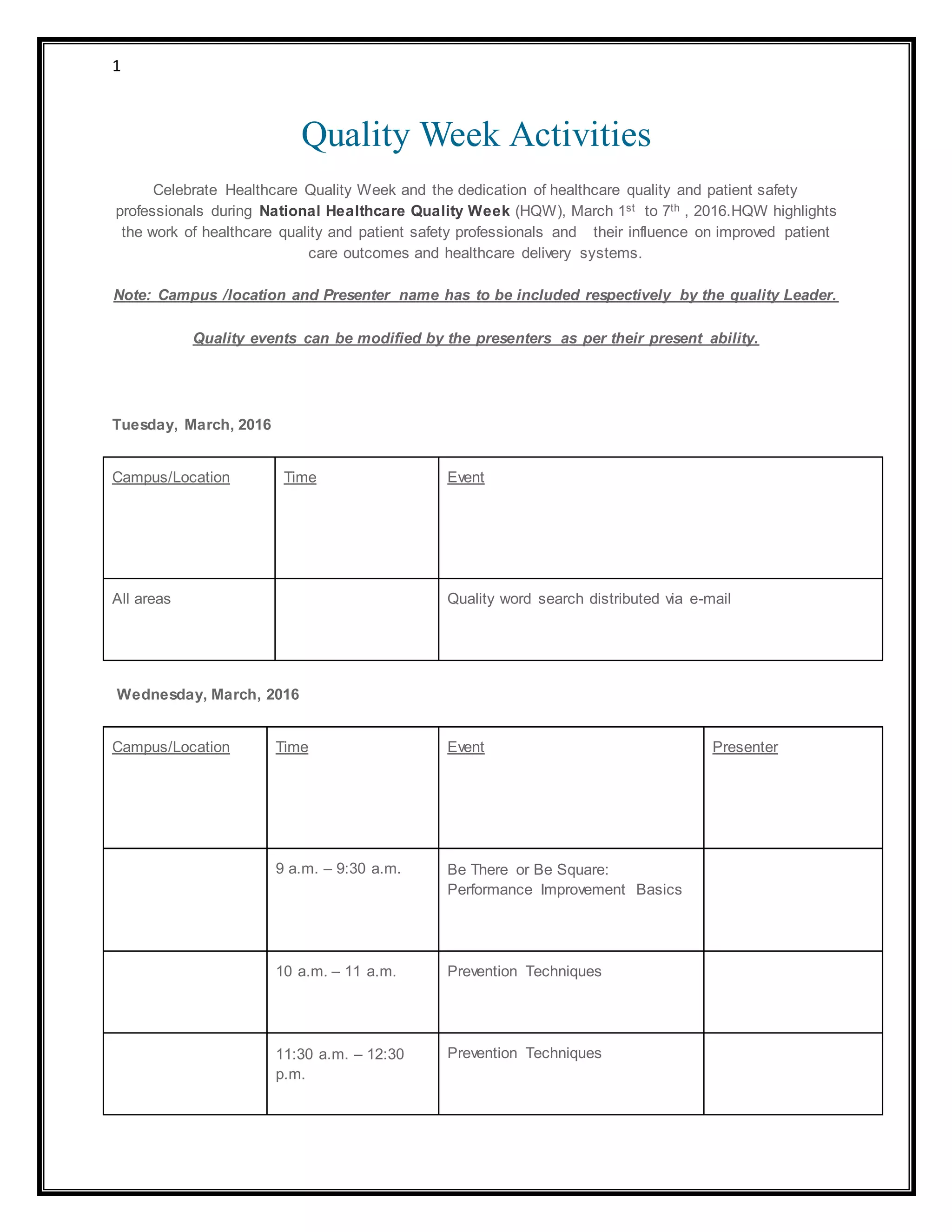 Quality week activities by Dr.Mahboob khan Phd | DOCX