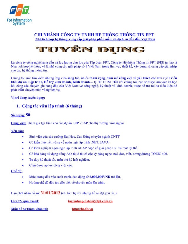 Quang cao tuyen dung fpt information system (sap fresh) | PDF