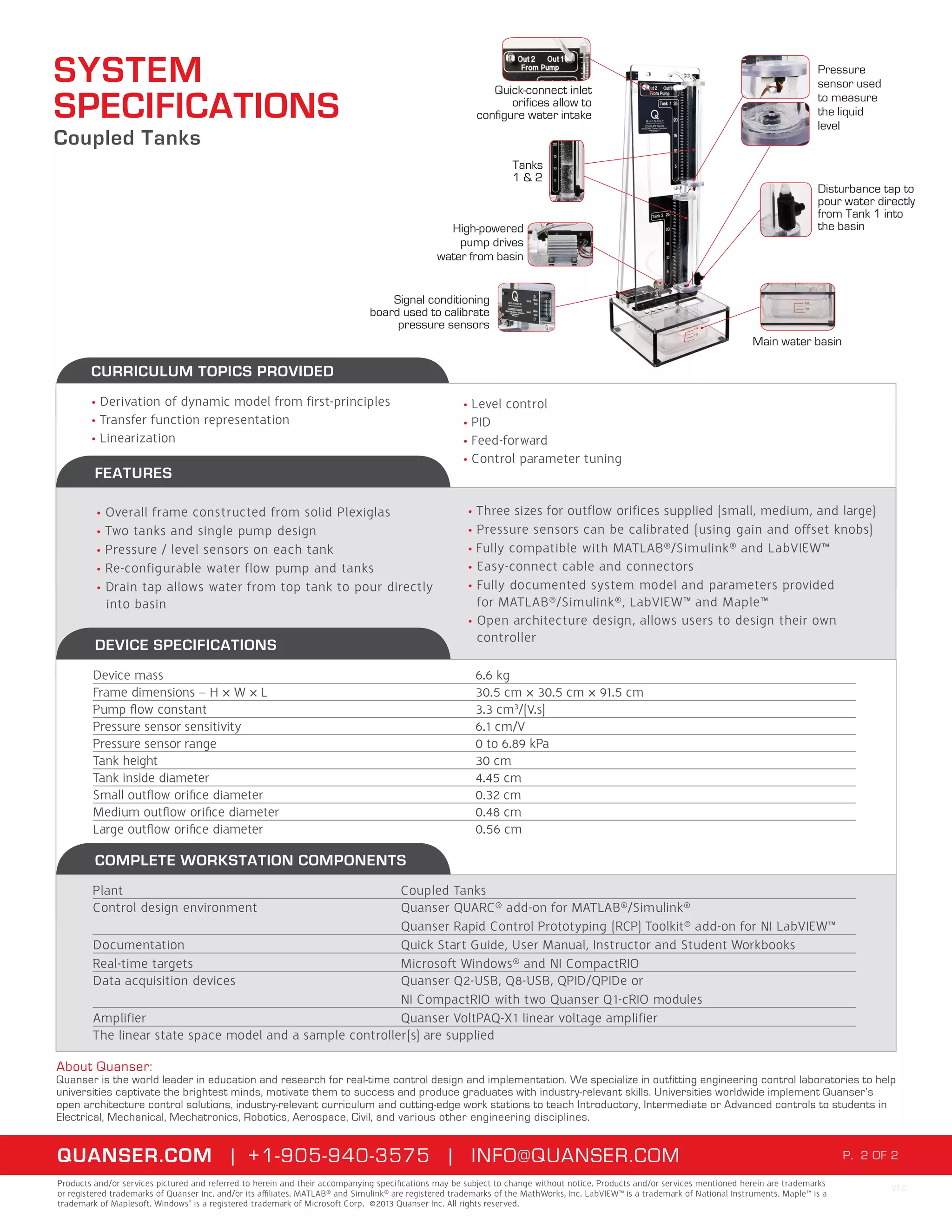 Quanser coupled tanks_system_specificatons_generic | PDF