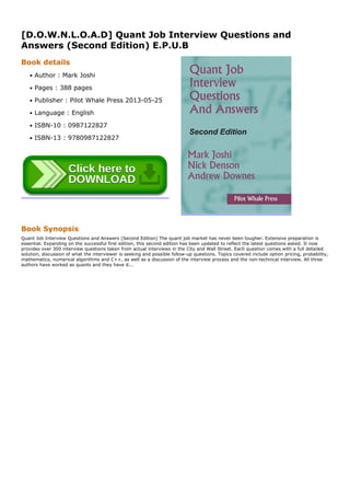 [D.O.W.N.L.O.A.D] Quant Job Interview Questions and Answers (Second ...