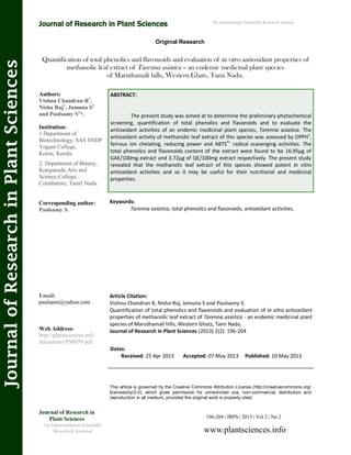 Quantification of total phenolics and flavonoids and evaluation of in vitro antioxidant ...