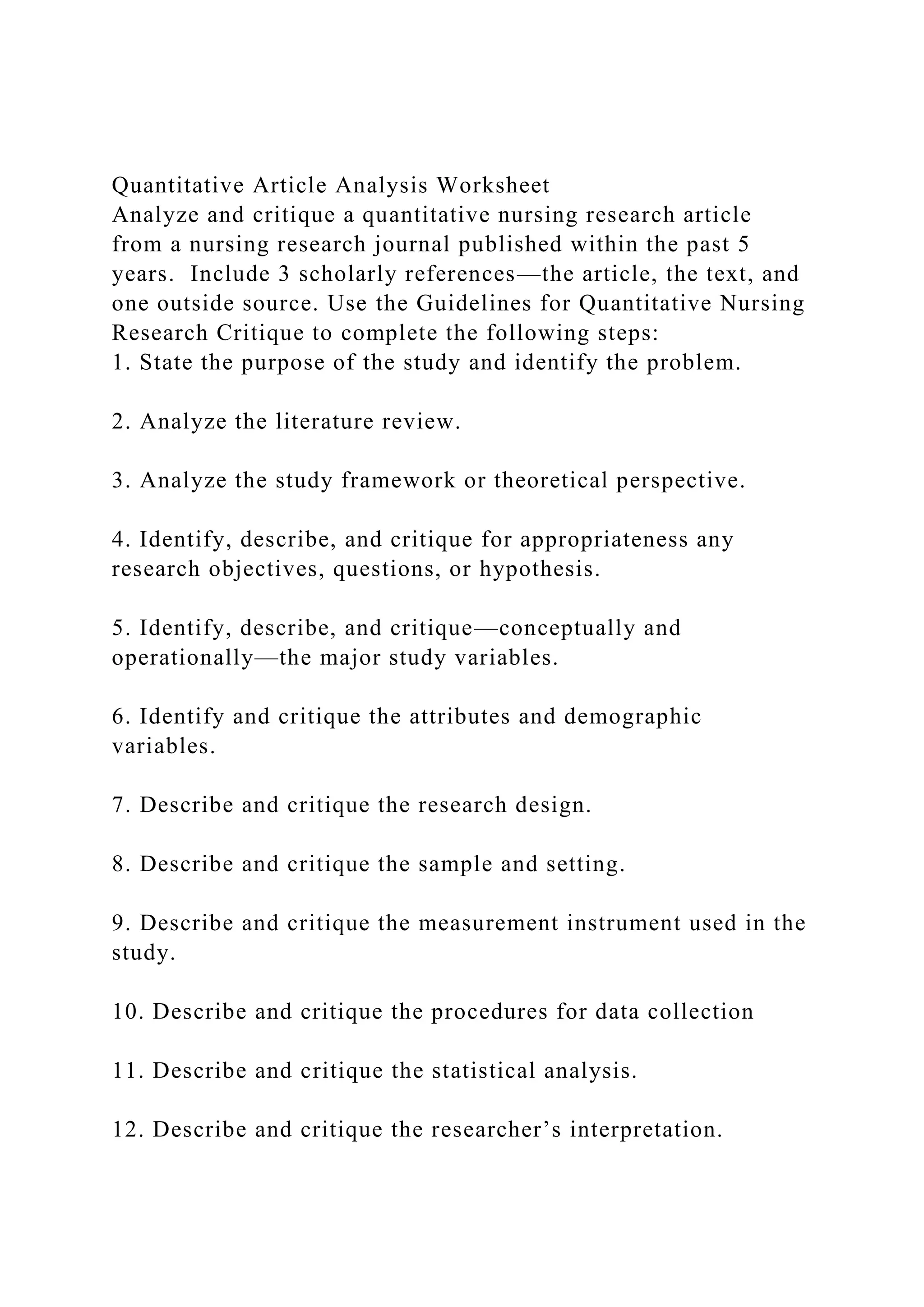 Quantitative Article Analysis WorksheetAnalyze and critique a qu.docx
