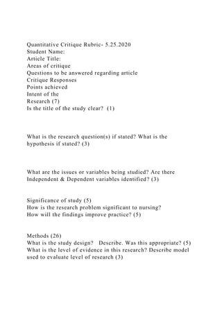 Quantitative Critique Rubric- 5.25.2020Student Name .docx