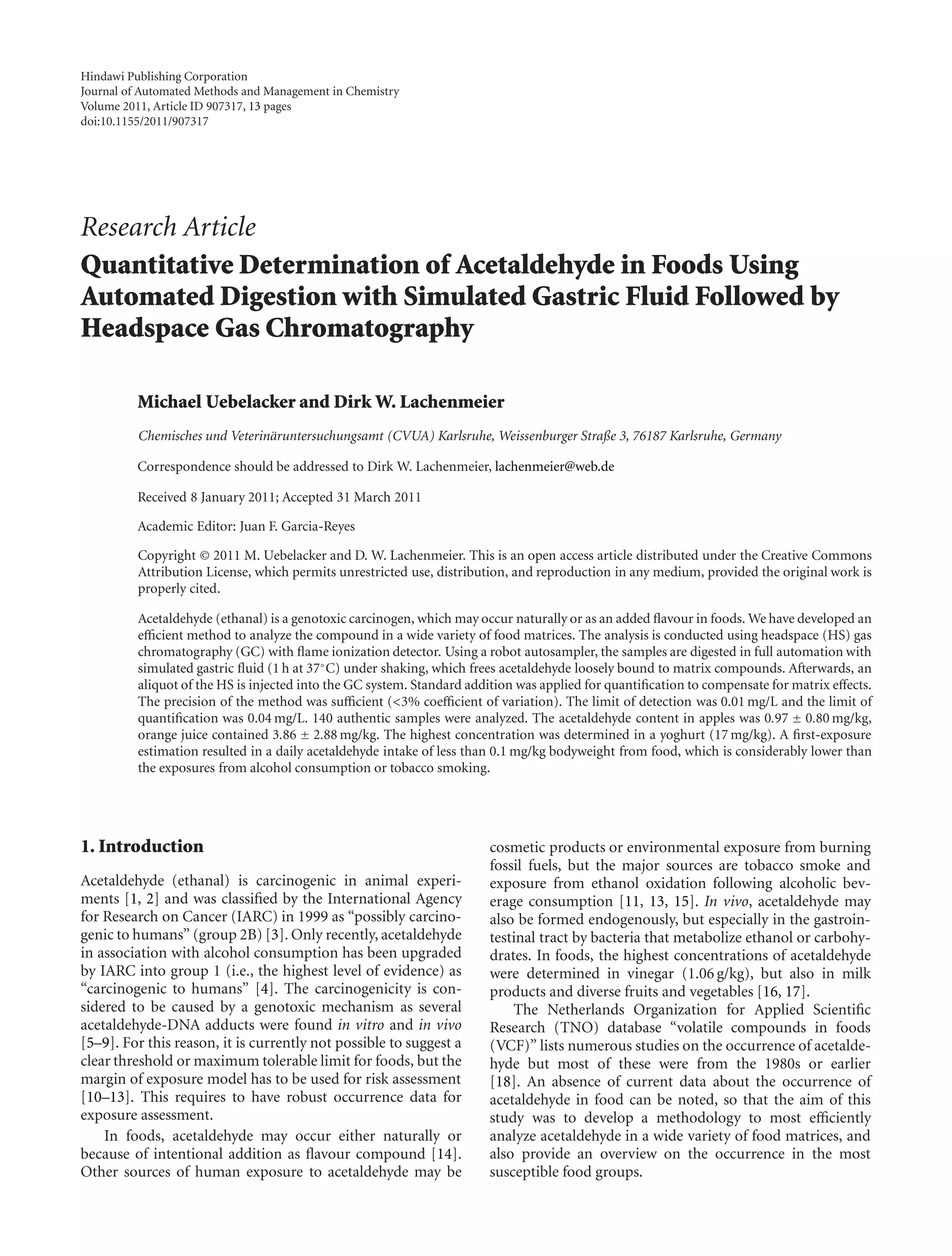 Quantitative Determination of Acetaldehyde in Foods Using Automated ...