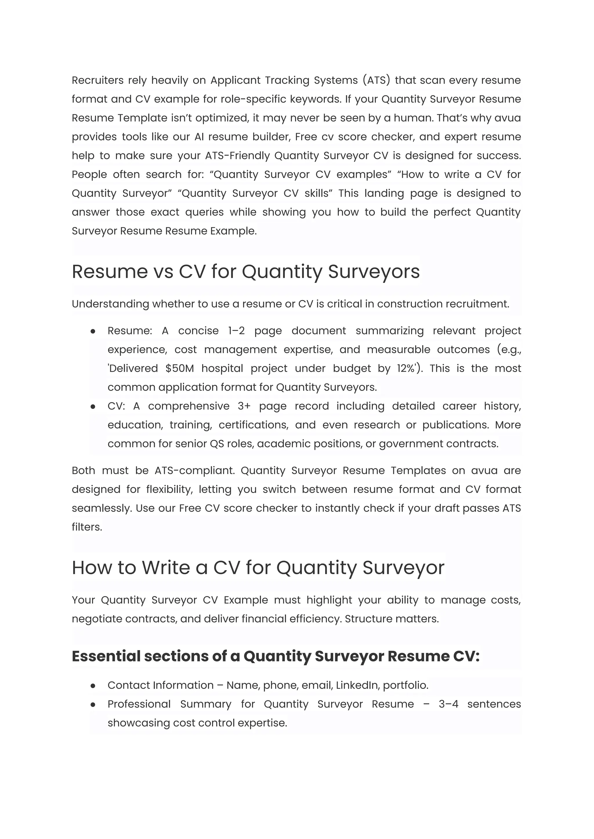 Quantity Surveyor Resume Examples & Writing Guide for 2025 | PDF