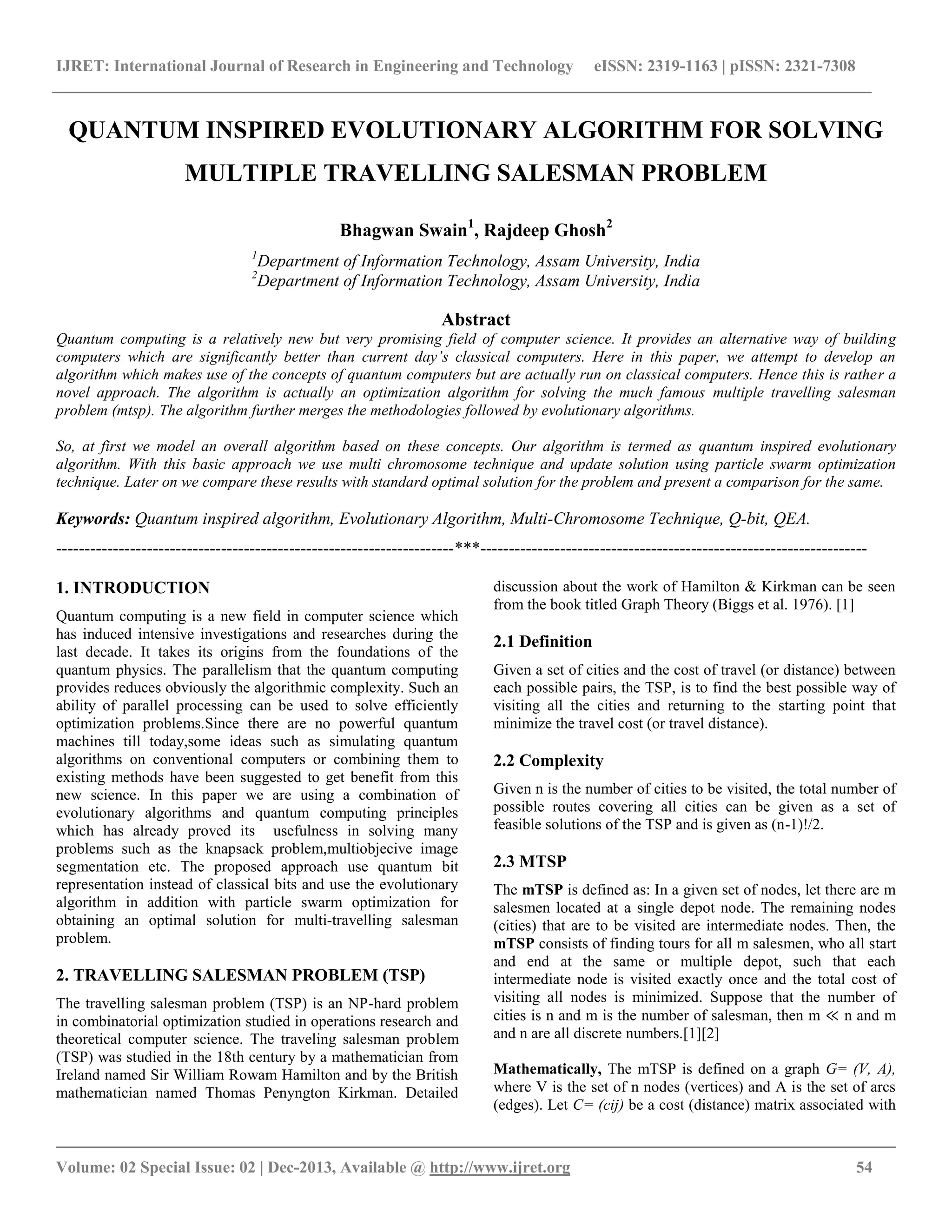 Quantum inspired evolutionary algorithm for solving multiple travelling salesman problem | PDF