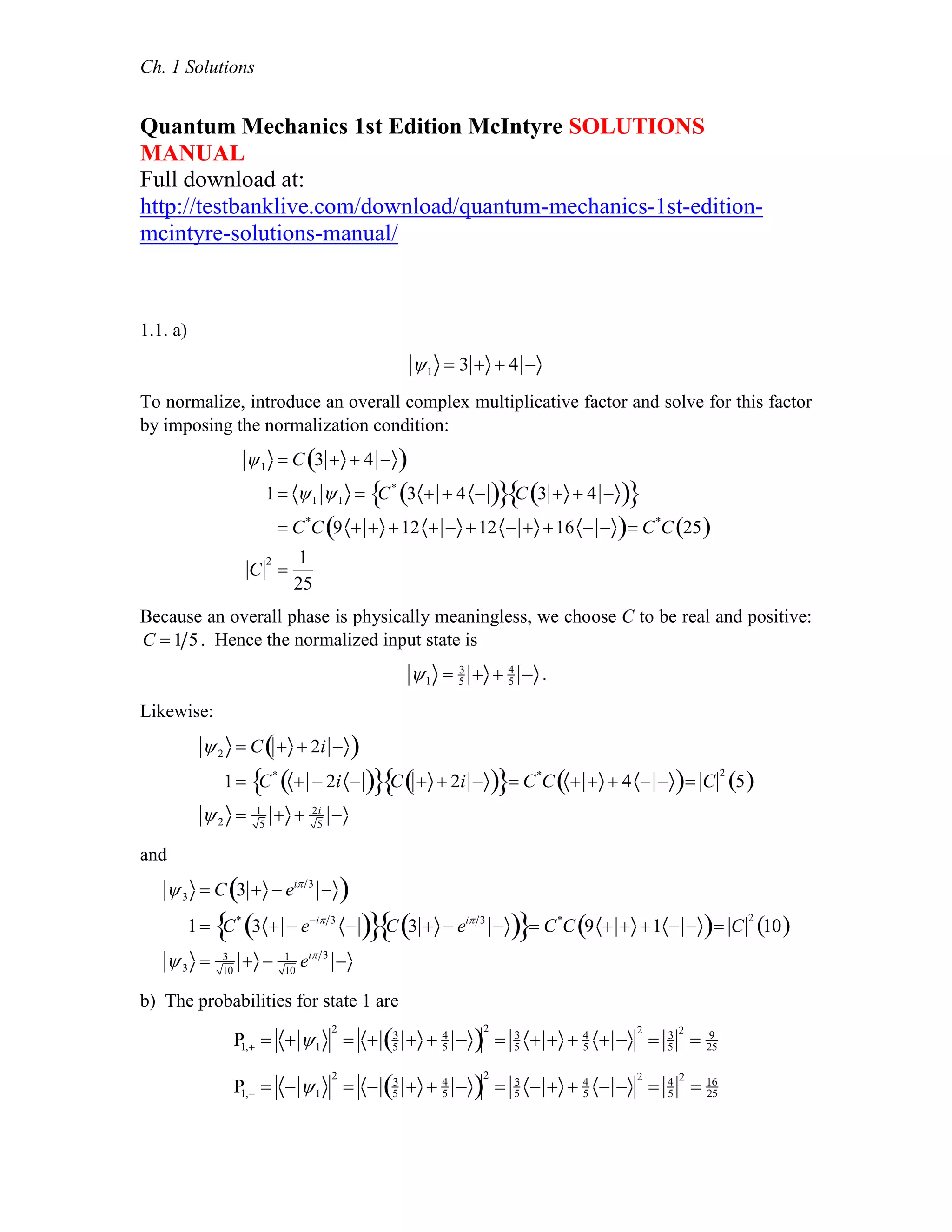 Quantum mechanics 1st edition mc intyre solutions manual | PDF