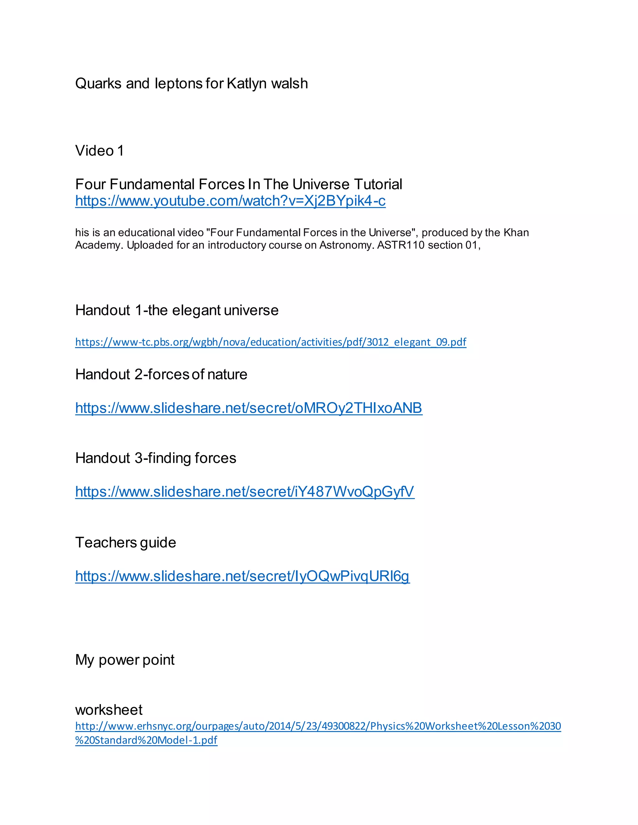 Quarks and leptons for katlyn walsh | DOCX