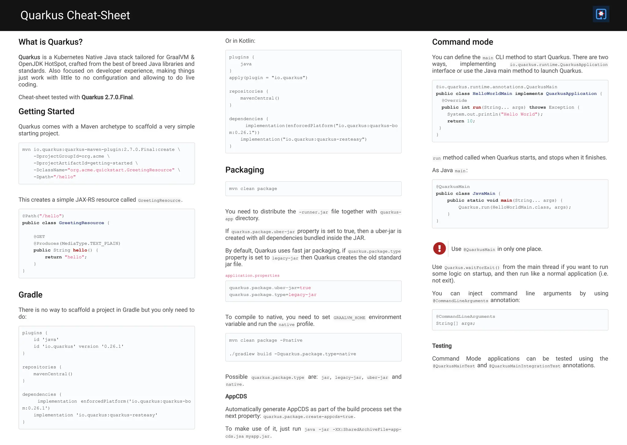 Quarkus Annonation And Commands Cheat Sheet Pdf Programming Languages Computing