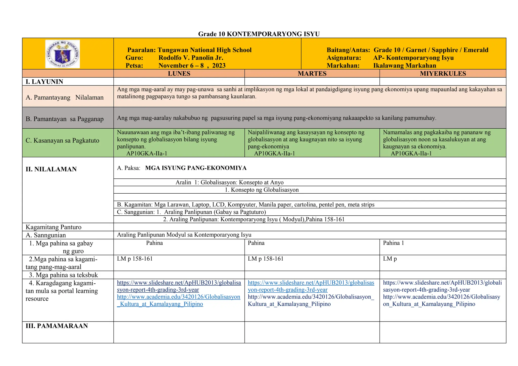 AP10 kontemporaryong isyu Quarter-2-Week-1 | DOCX