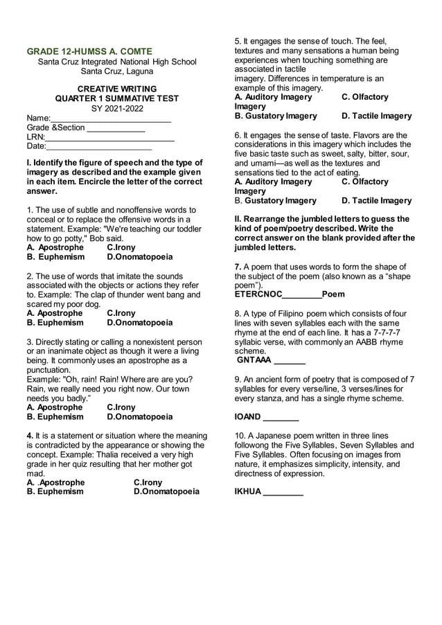 Quarter 1 summative test-creative writing-tos | DOCX | Poetry | Books ...