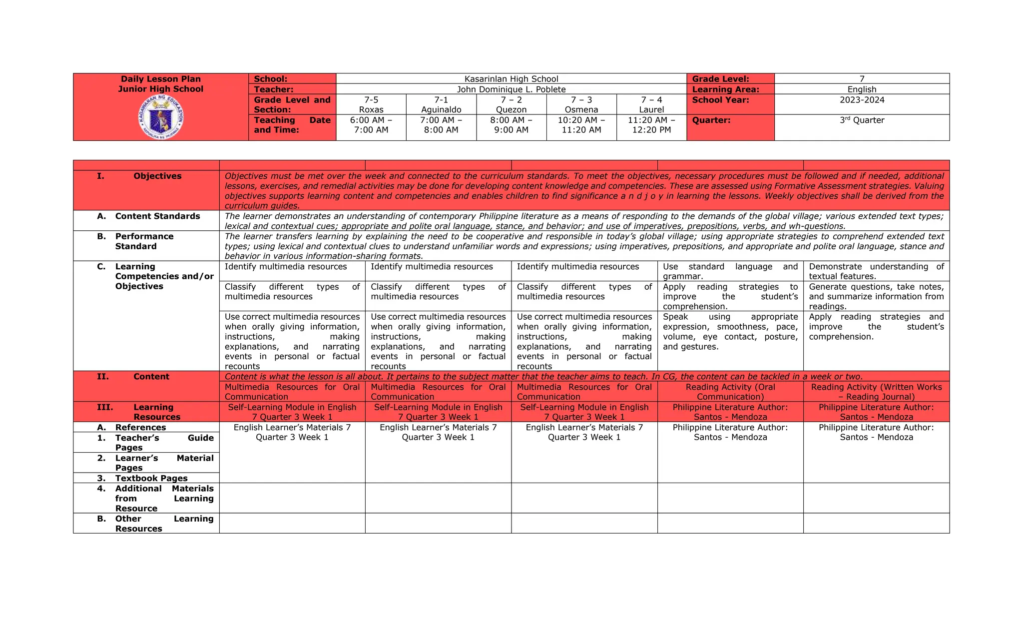Quarter 3 Week 1 Lesson Plan- Grade 7 English | DOCX