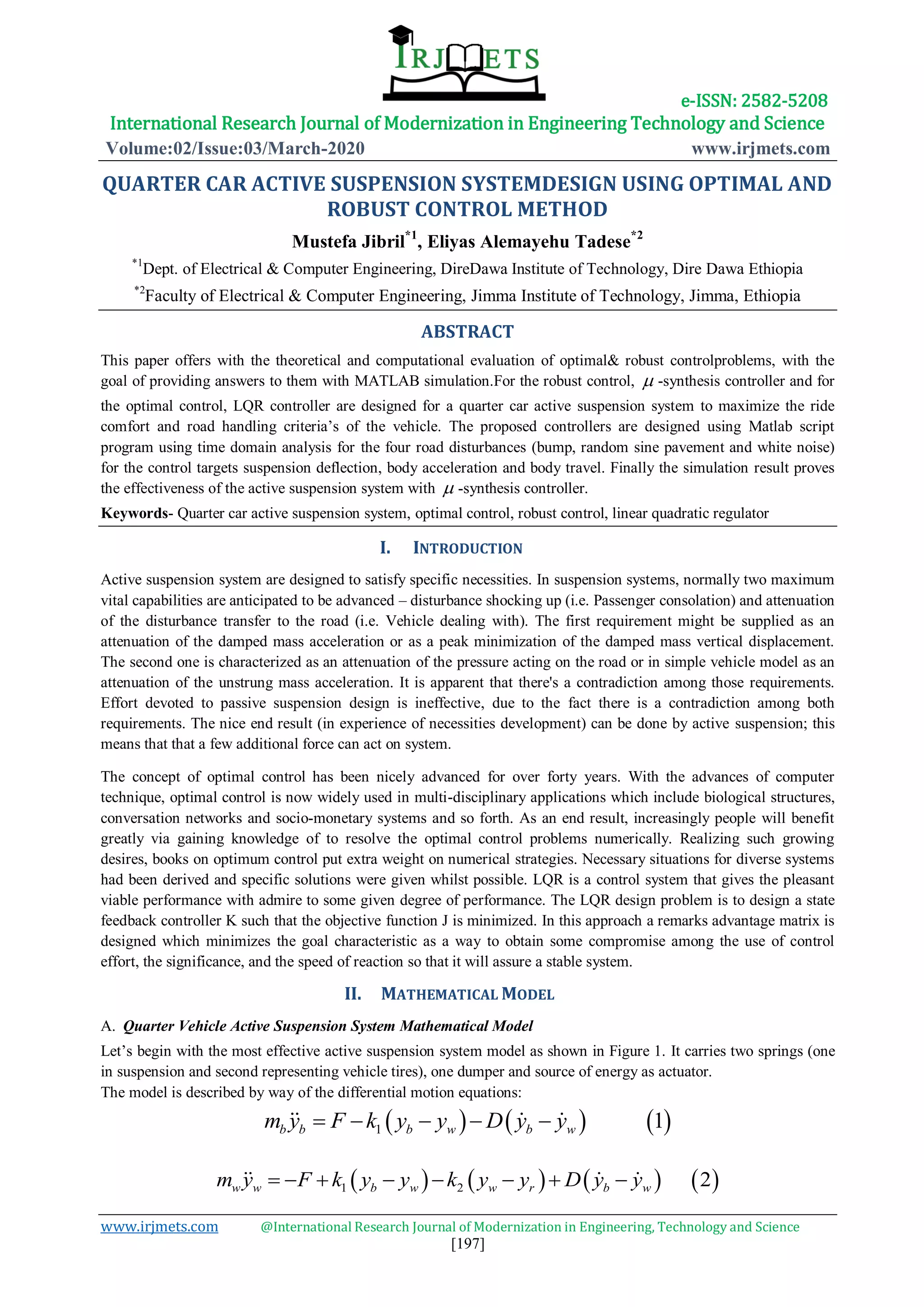 Quarter car active suspension systemdesign using optimal and robust control method | PDF