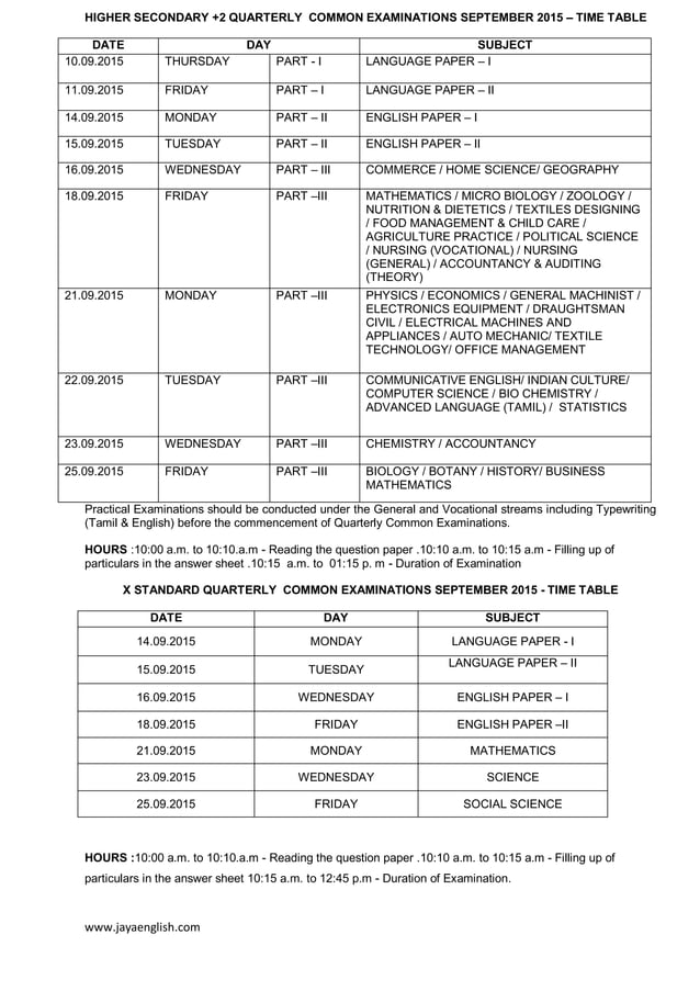 Common Quarterly examinations time table for x and xii 2015 | PDF