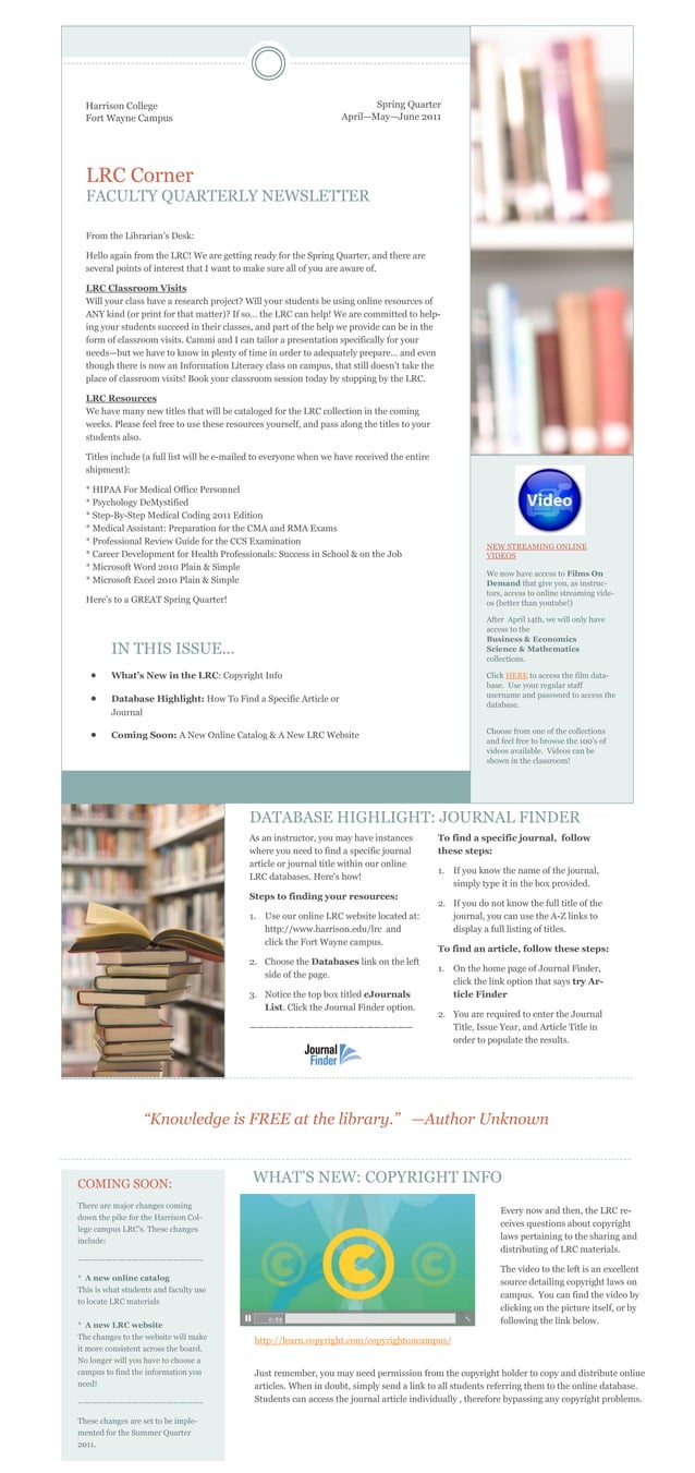 Quarterly Faculty Newsletter Spring 2011 | PDF