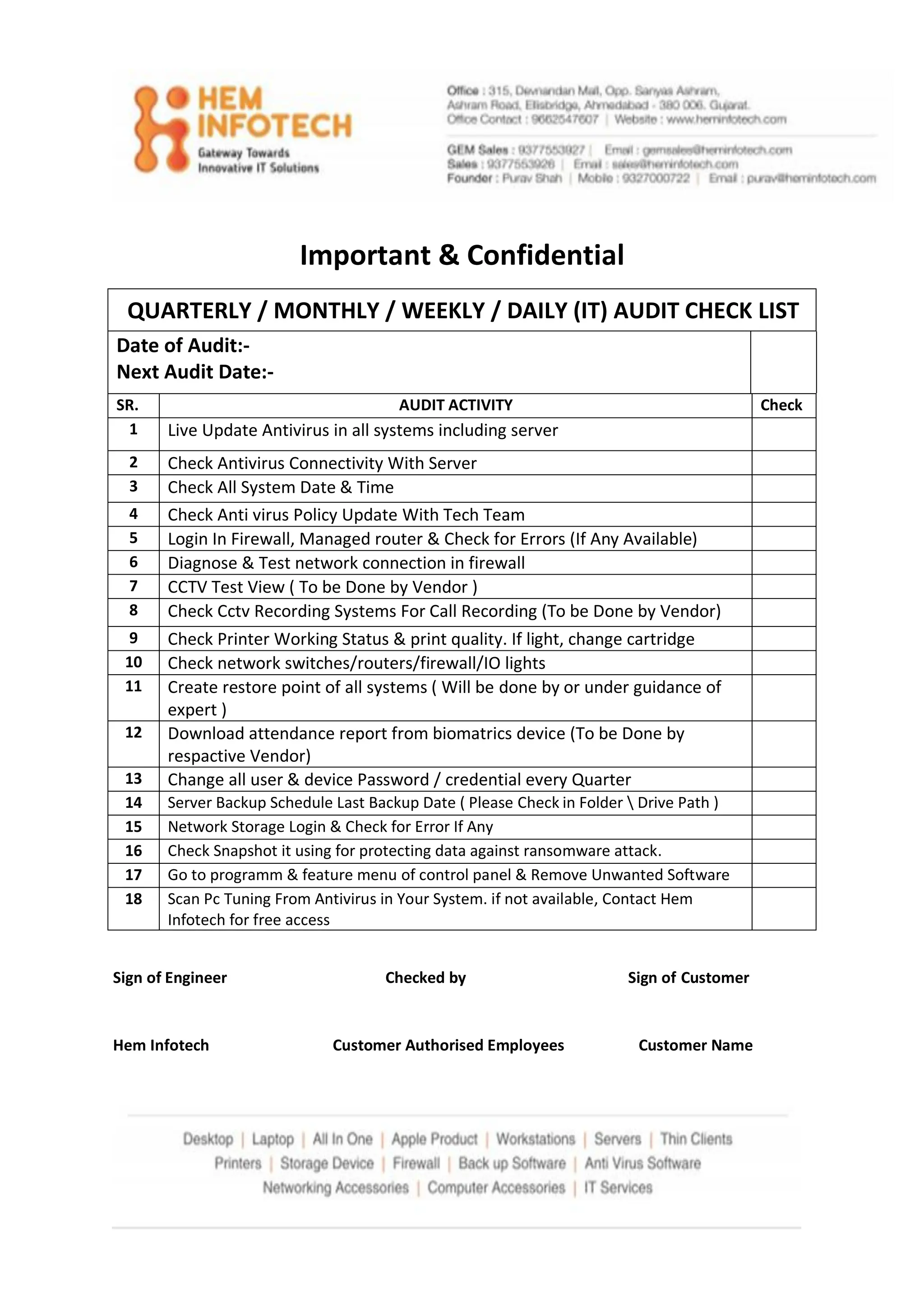 QUARTERLY MONTHLY WEEKLY DAILY (IT) AUDIT CHECK LIST | PDF