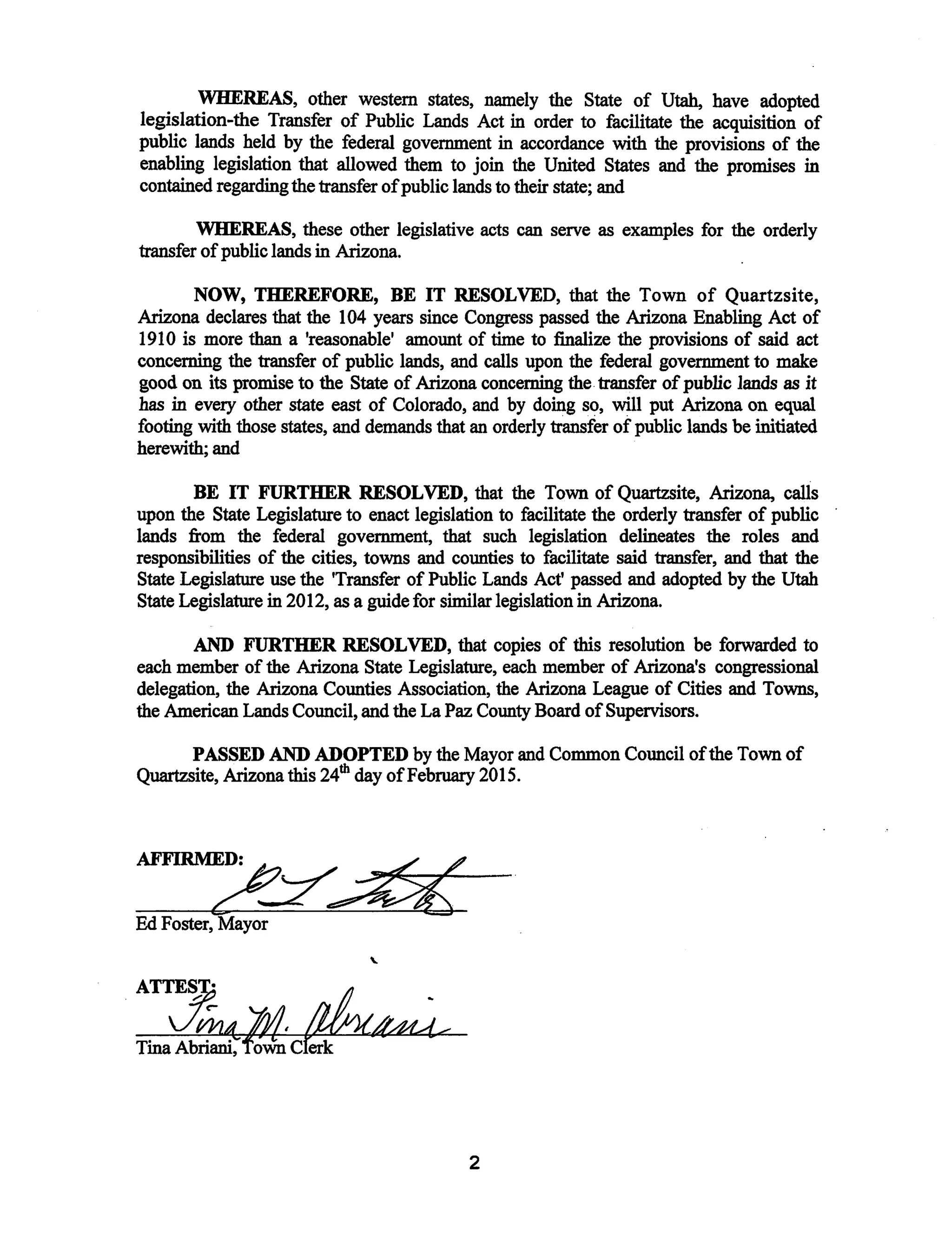 Quartzsite, AZ Resolution of Support, 2015 | PDF