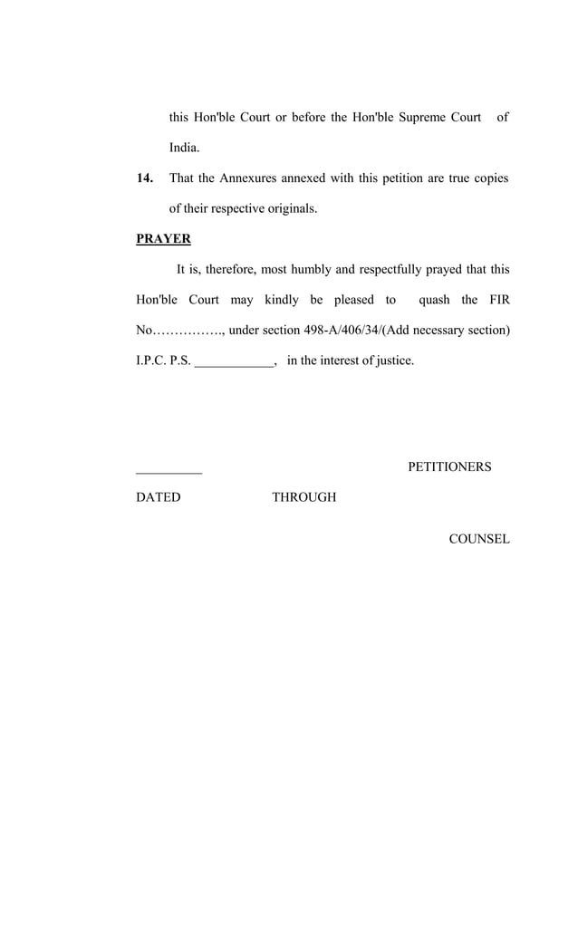 Quashing Petition Format | PDF | Hinduism | Religion & Spirituality