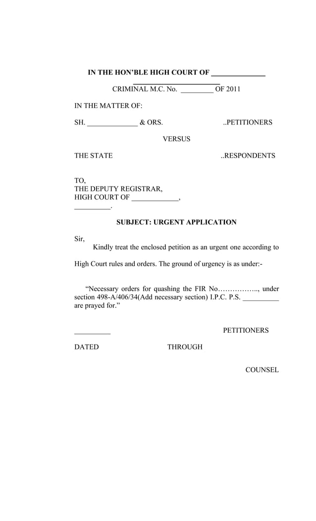 Quashing Petition Format Quashing Petition Format