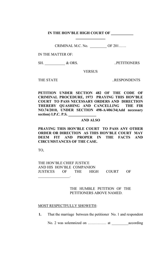 Quashing Petition Format